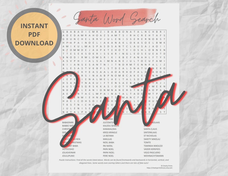 Santa Word Search Puzzle | Printable Christmas Party Adult Christmas ...