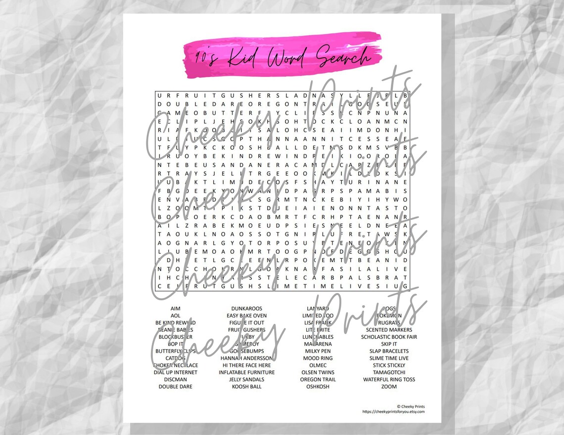 90's Kid Word Search Puzzle | Printable Games | Instant Download | Hard ...