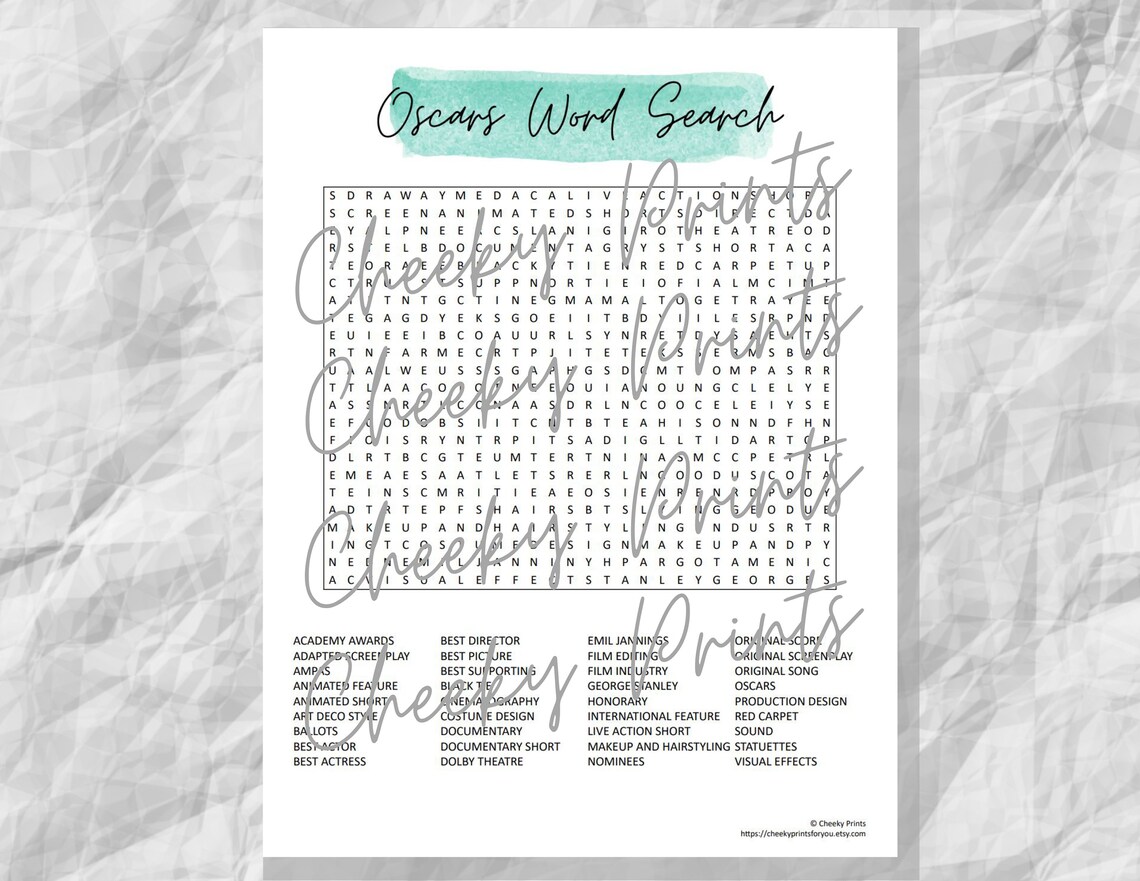 Oscars Word Search Puzzle | Printable Party Games | Instant Download ...