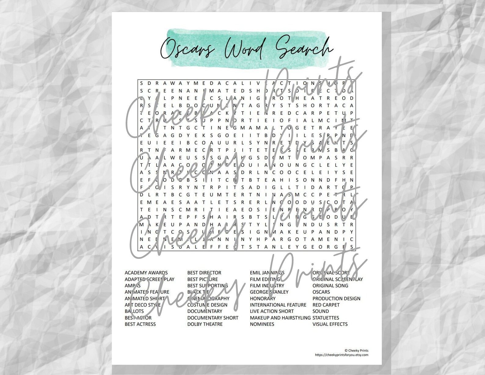 Oscars Word Search Puzzle | Printable Party Games | Instant Download ...