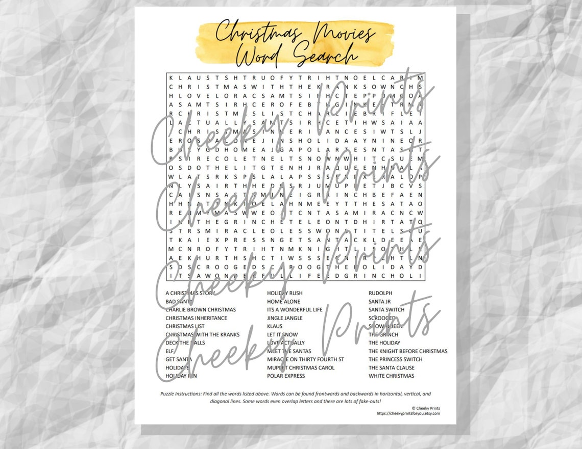 Christmas Movies Word Search Puzzle | Printable Christmas Party Game ...