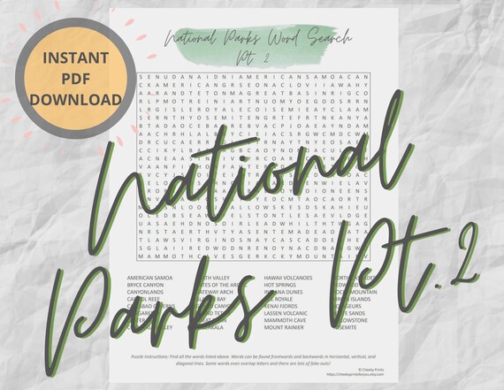 National Parks Word Search Puzzle Part 2 Printable Travel - Etsy