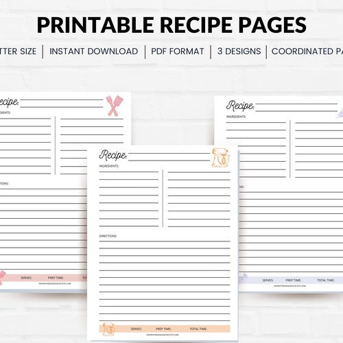 Printable Blank Recipe Planner Pages Recipe Sheet for Meal - Etsy