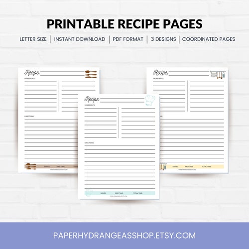 Printable Blank Recipe Planner Pages Recipe Sheet for Meal - Etsy