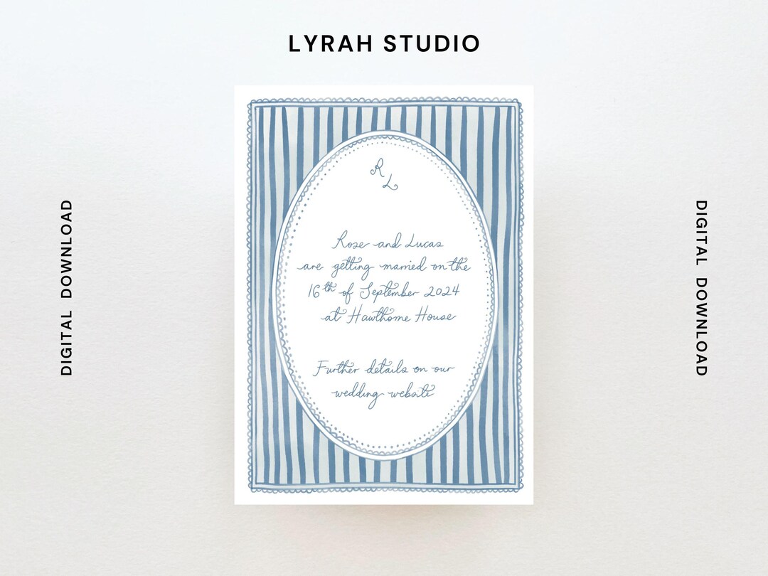 STRIPES Calligraphy Wedding Invitation With Classic Blue Stripes and ...