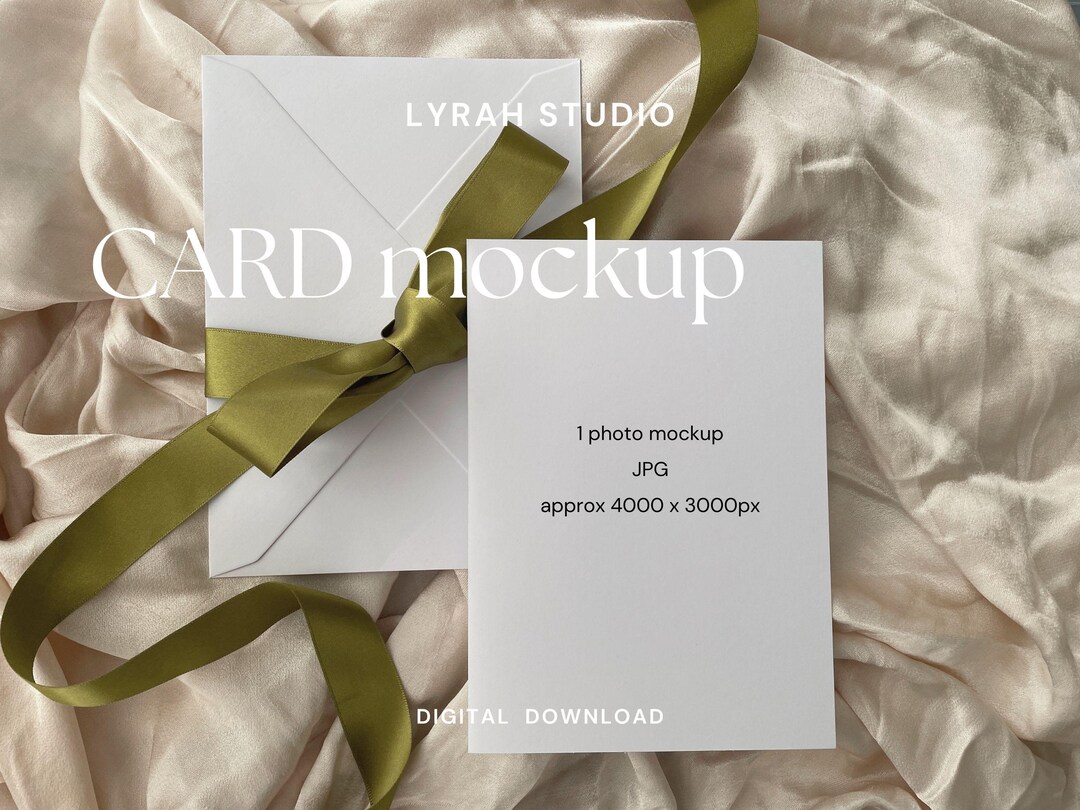 5x7 White Card With Olive Ribbon Envelope on Cream Creased Satin Mockup ...