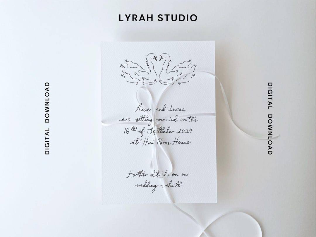THE SWANS Elegant Calligraphy Wedding Invitation With Love Birds ...