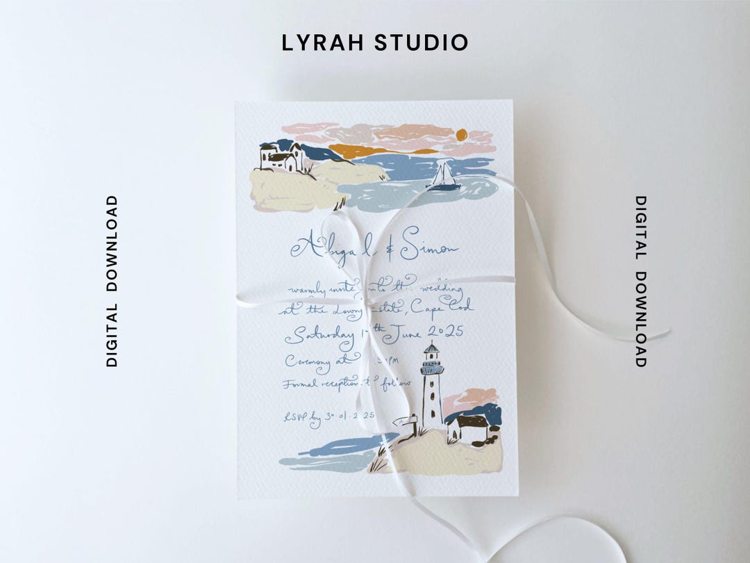 LIGHTHOUSE Modern Calligraphy Wedding Invitation With Coastal Beach ...