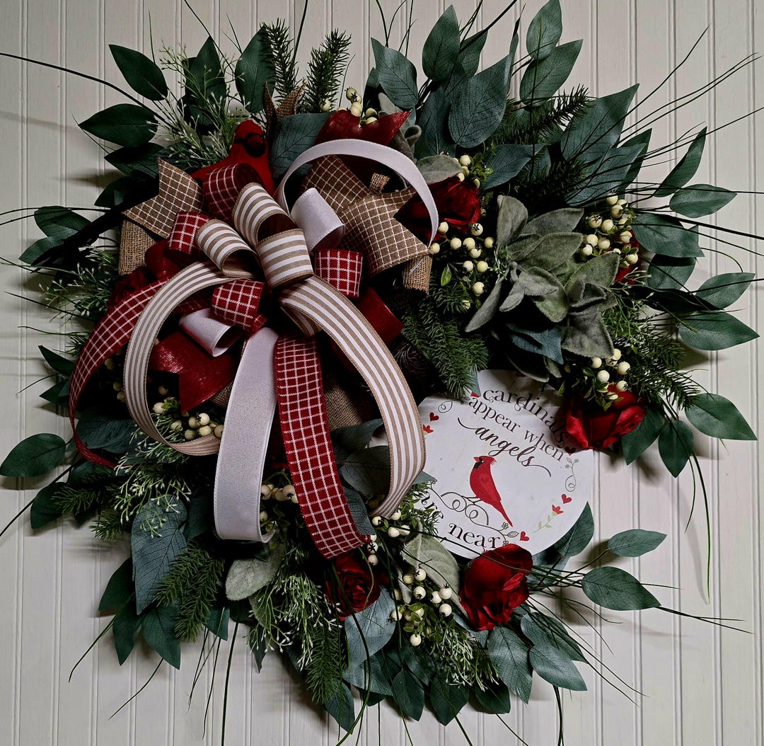 Cardinal Remembrance Wreath: Silk Roses, Lamb's Ear, Pine - Etsy
