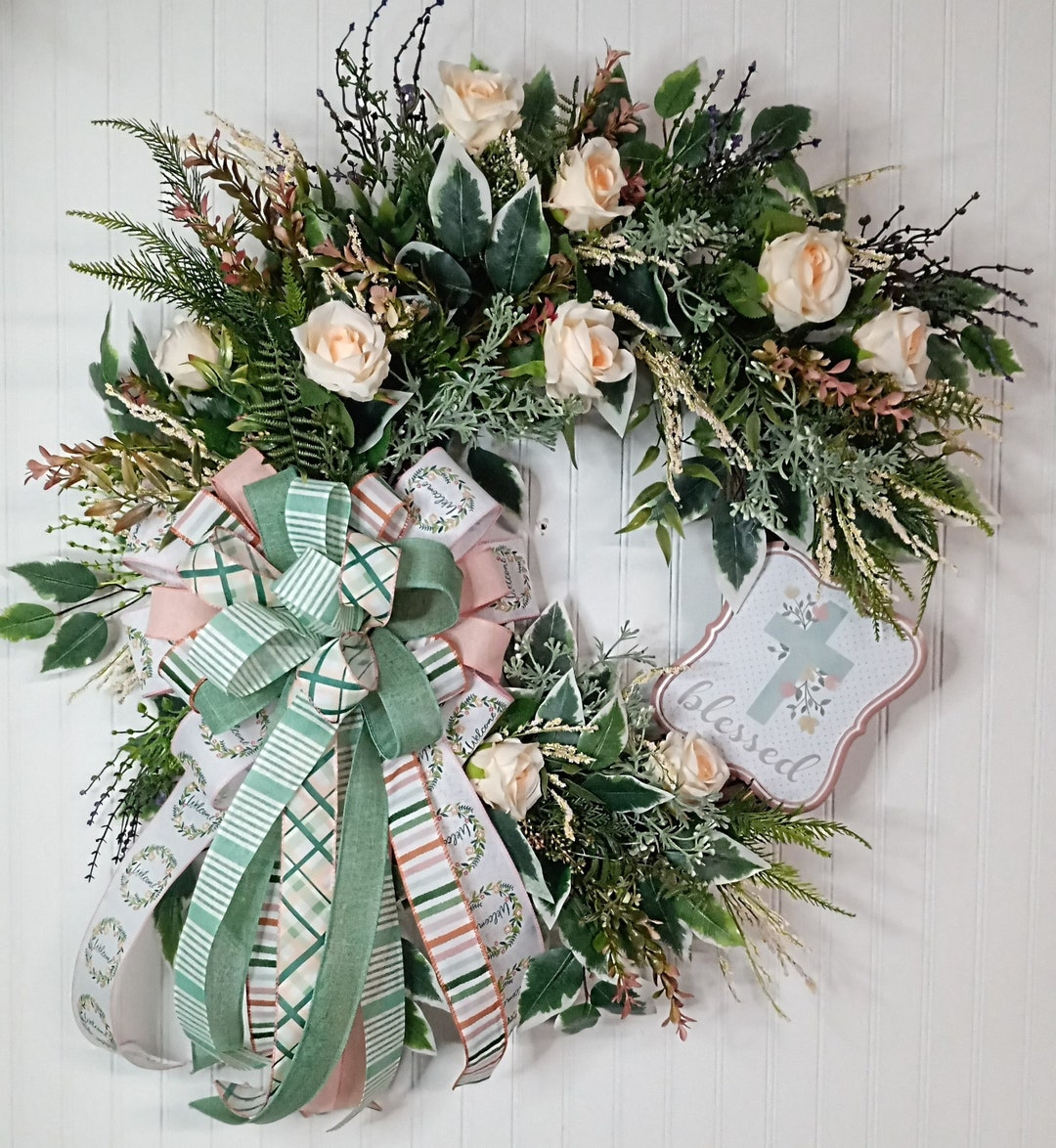 Peach Rose Blessed Grapevine Wreath for Front Door, Cross Wreath With ...