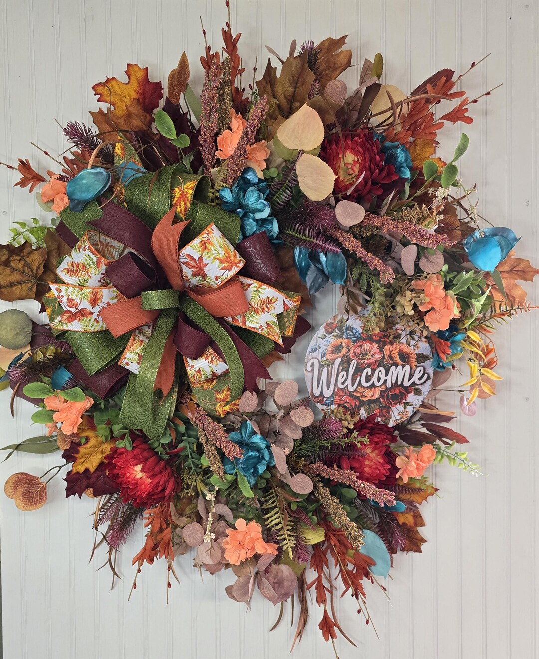 Extra Large Fall Mum Wreath: Hydrangea & Burgundy Floral Door Decor - Etsy
