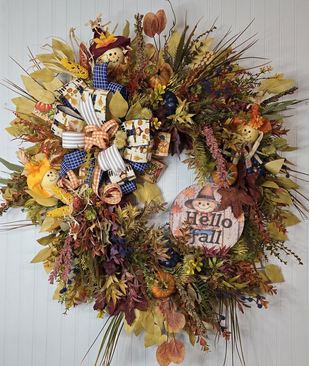 Extra Large Hello Fall Wreath for Front Door, Happy Scarecrow Wreath ...