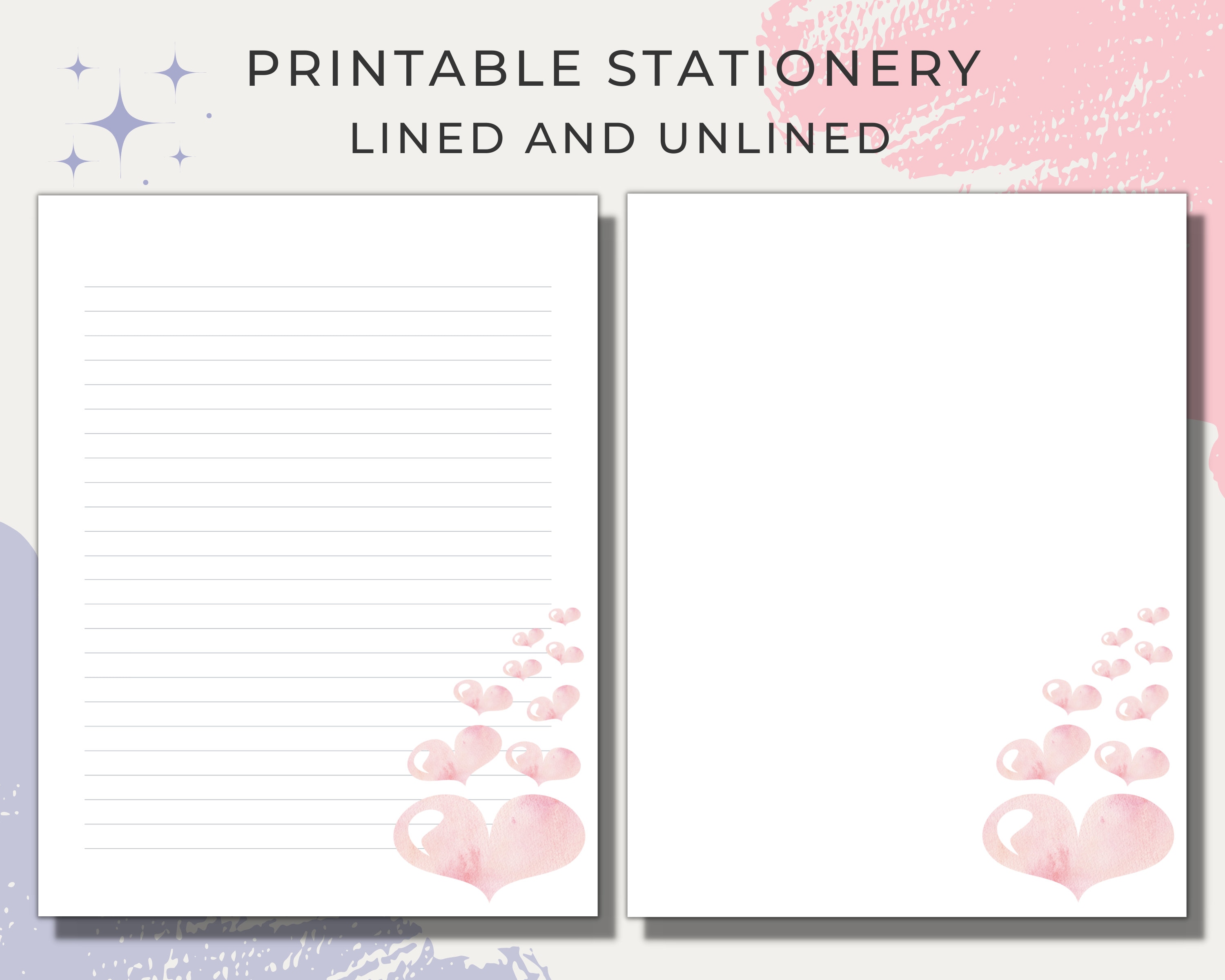 Printable Letter Writing Stationery Set, Paper, Pink Watercolor Heart ...
