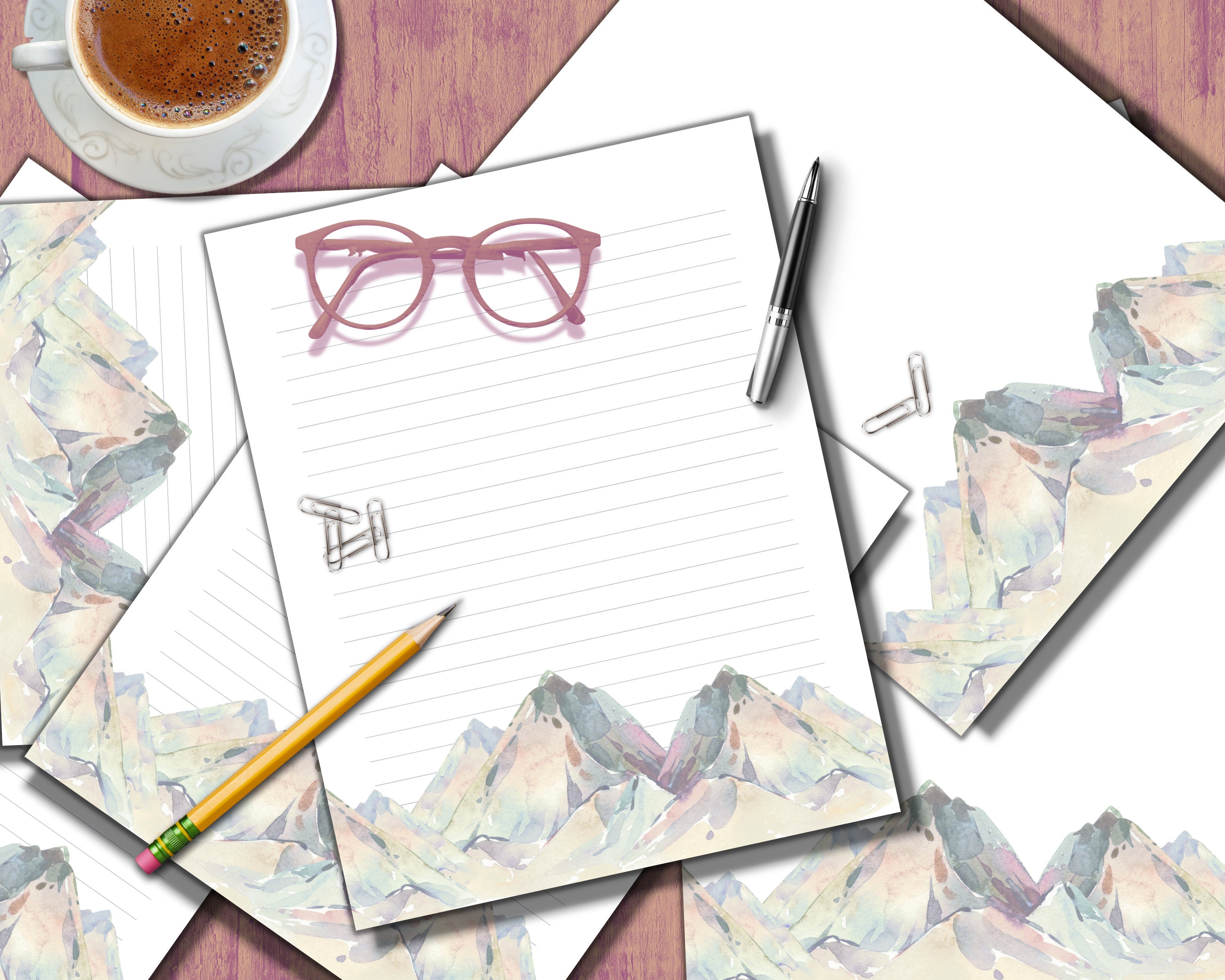 Printable Letter Writing Set, Paper Stationery, Watercolor Mountains ...