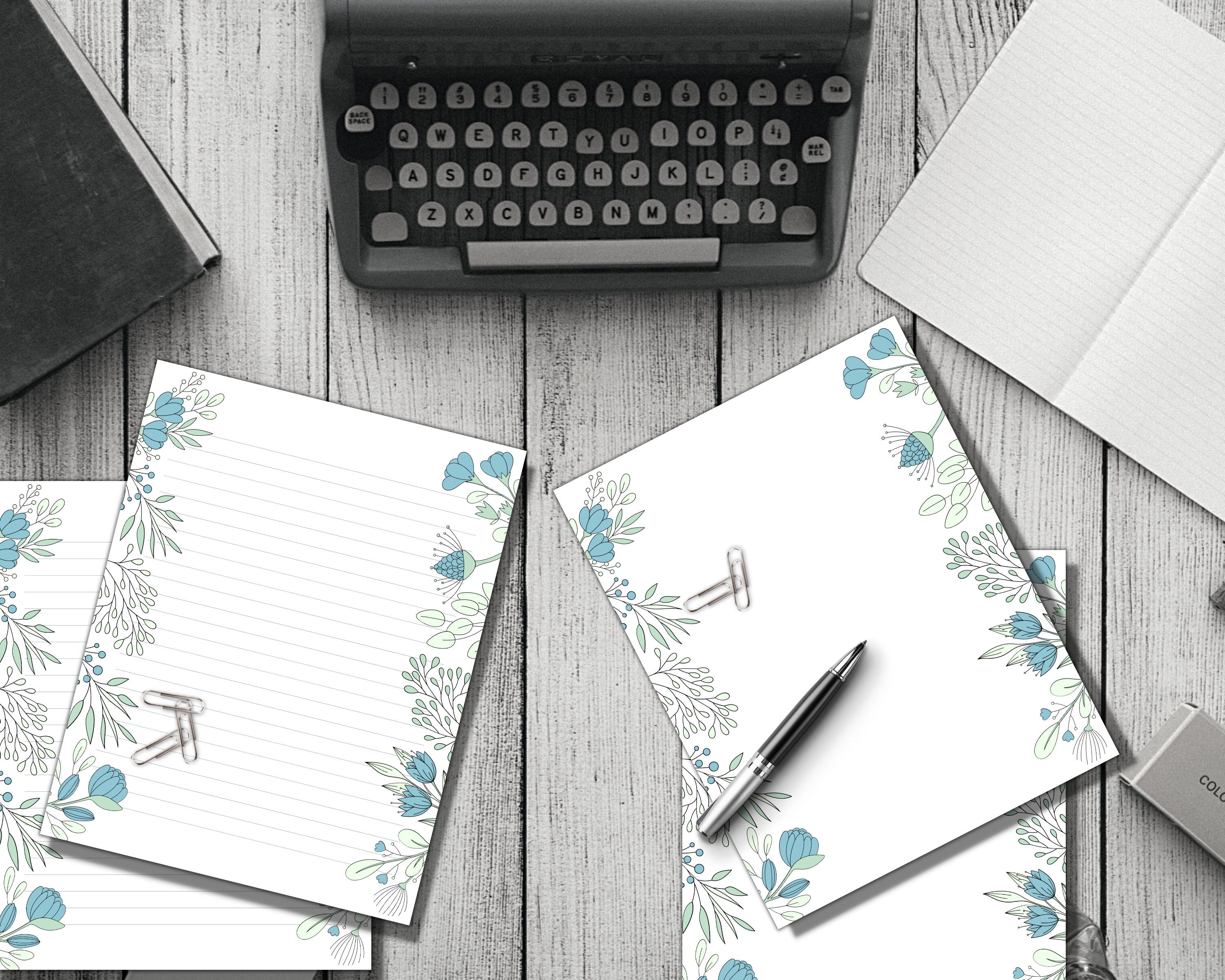 Printable Letter Writing Paper Set, Stationery, Turquoise Floral, A4 ...