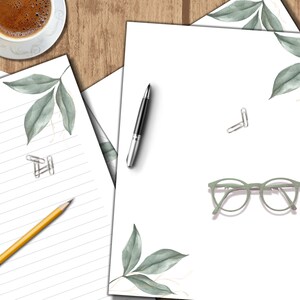 Printable Letter Writing Paper Set, Stationery, Green & Gold Leaves, A4 ...