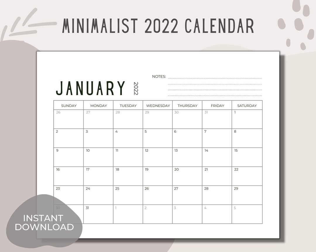 Printable Minimalist 2022 Monthly Calendar, Events Planner, Appointment ...
