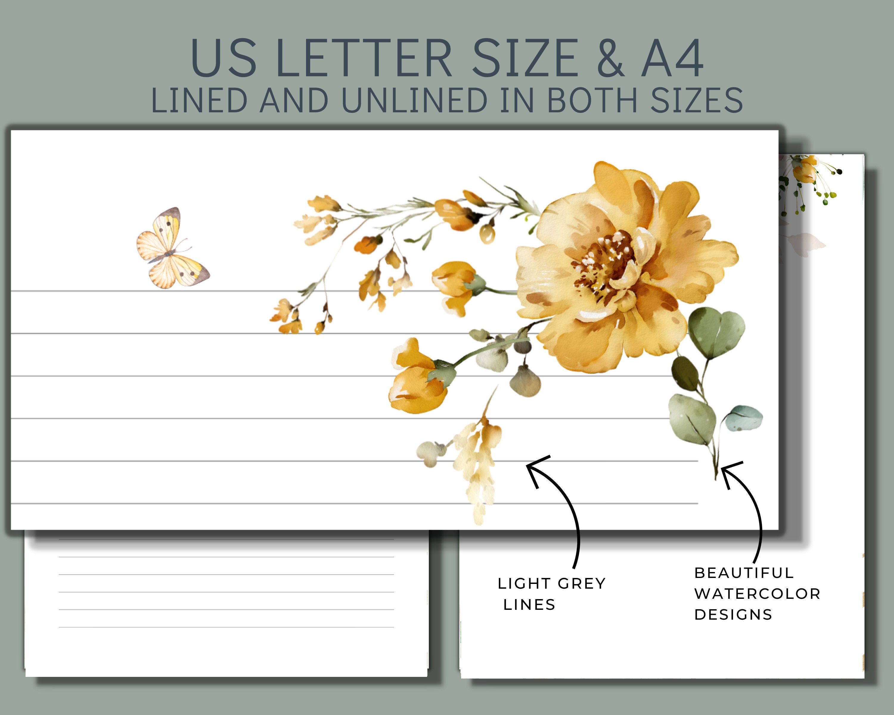 Printable Letter Writing Paper Set, Stationery, Watercolor Floral, A4 ...