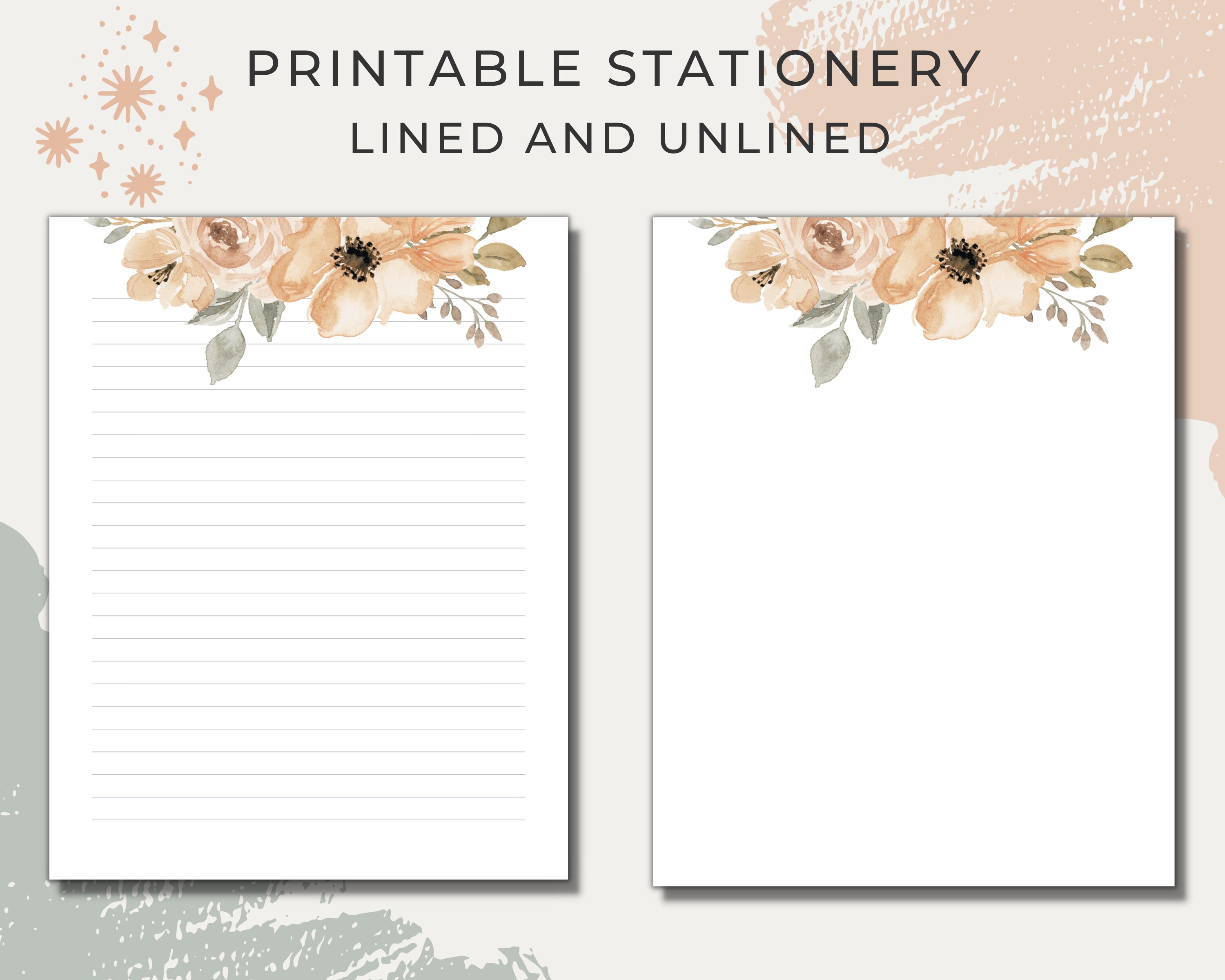 Printable Letter Writing Paper Set, Stationery, Watercolor , A4, US ...