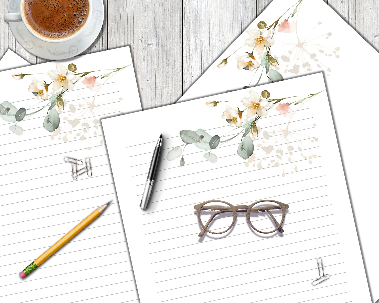 Printable Letter Writing Paper Set, Stationery, Watercolor Branch, A4 ...