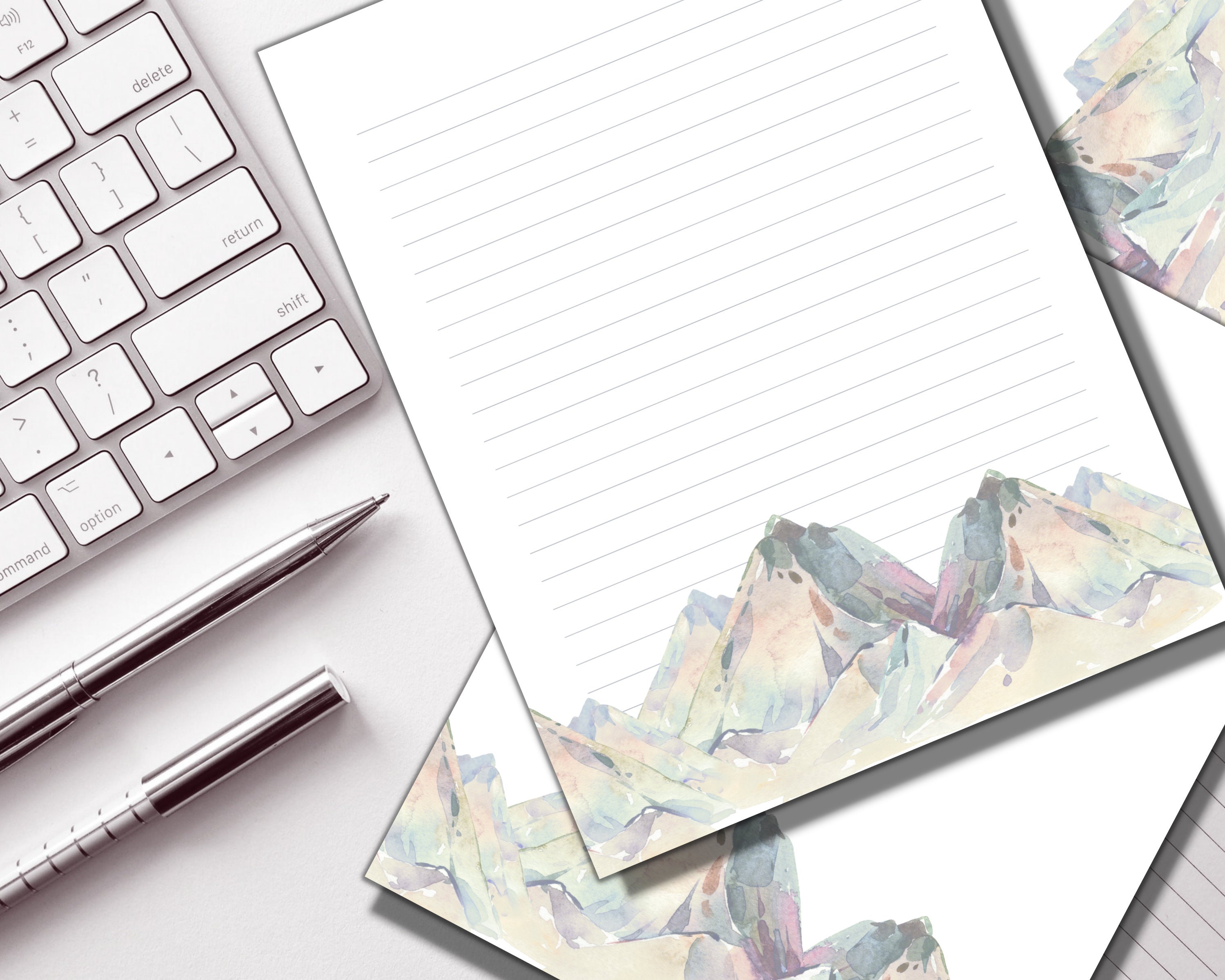Printable Letter Writing Set, Paper Stationery, Watercolor Mountains ...
