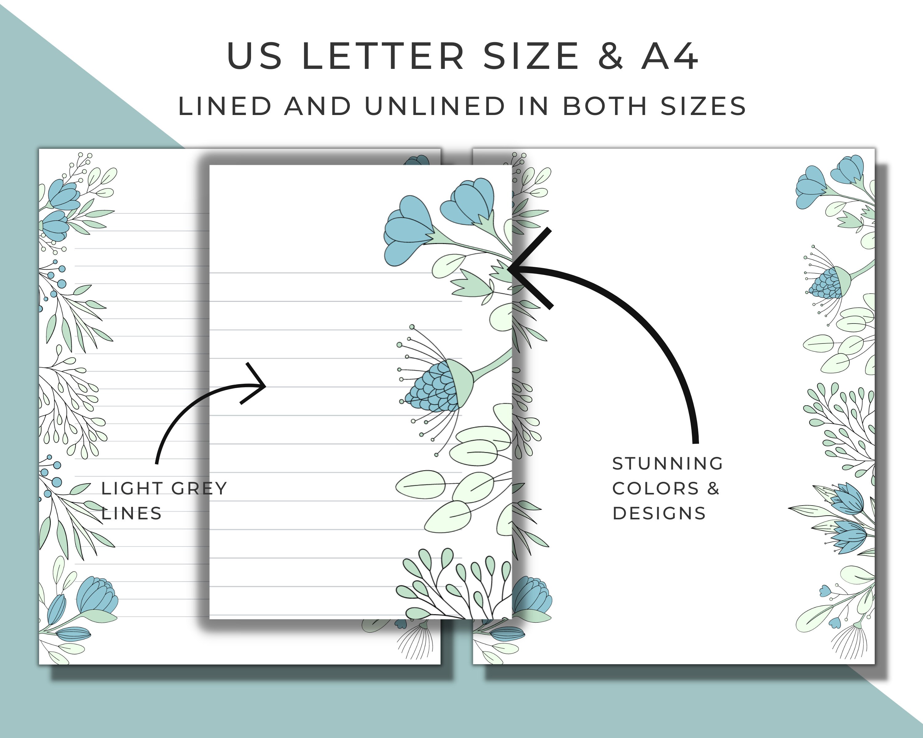 Printable Letter Writing Paper Set, Stationery, Turquoise Floral, A4 ...