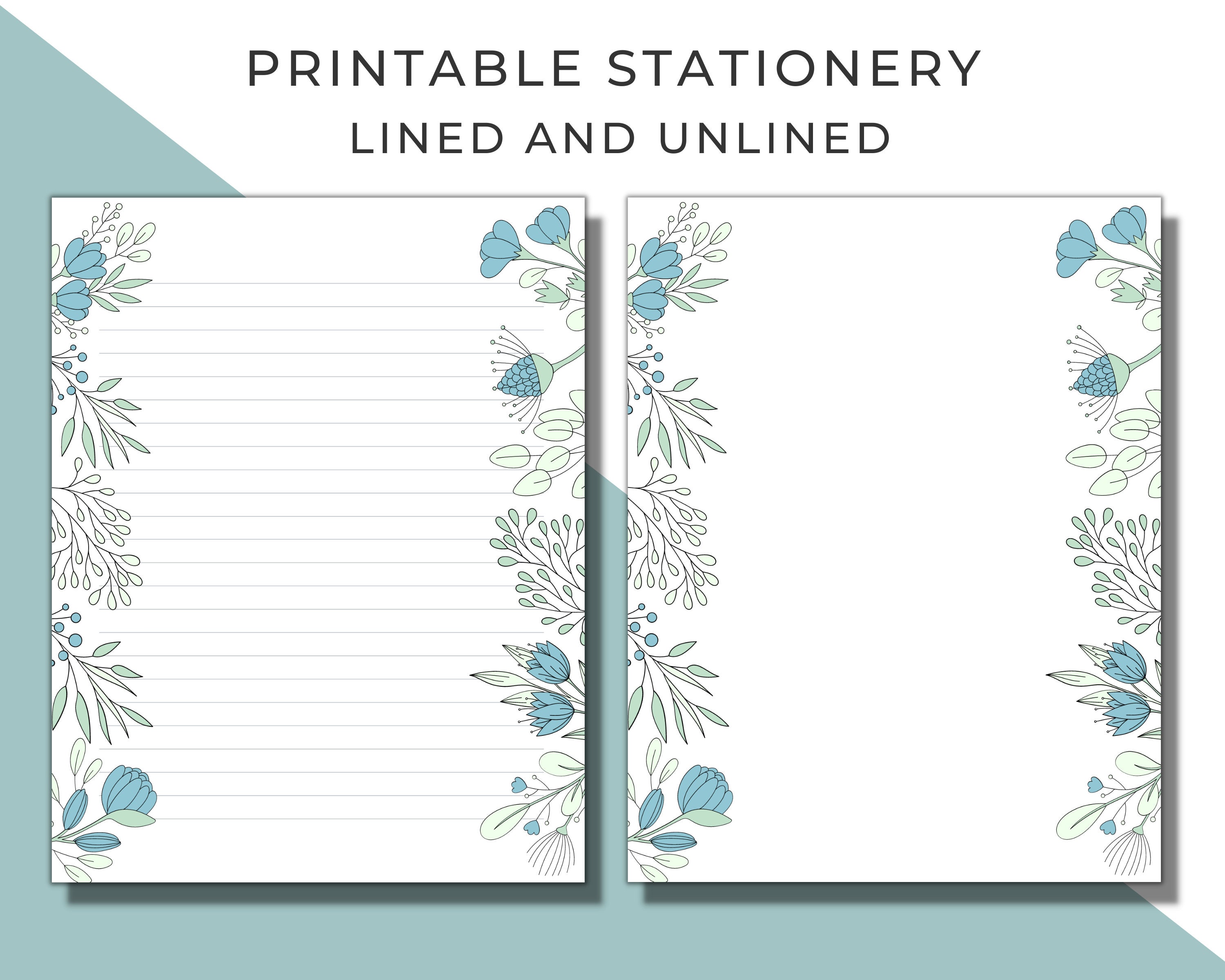 Printable Letter Writing Paper Set, Stationery, Turquoise Floral, A4 ...