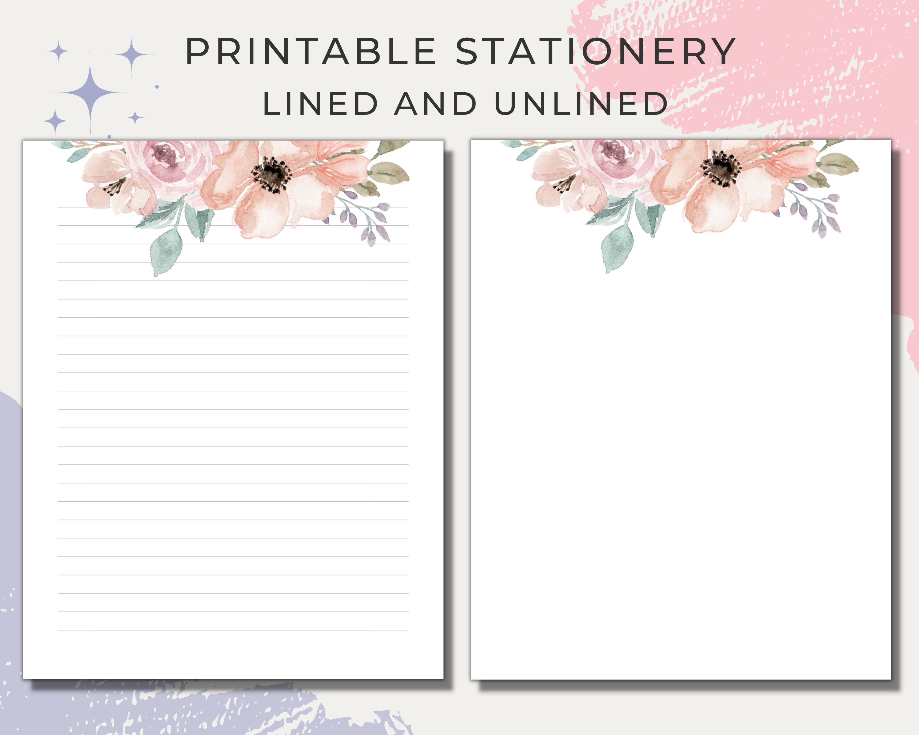 Printable Letter Writing Paper Set, Stationery, Pink Watercolor , A4 ...