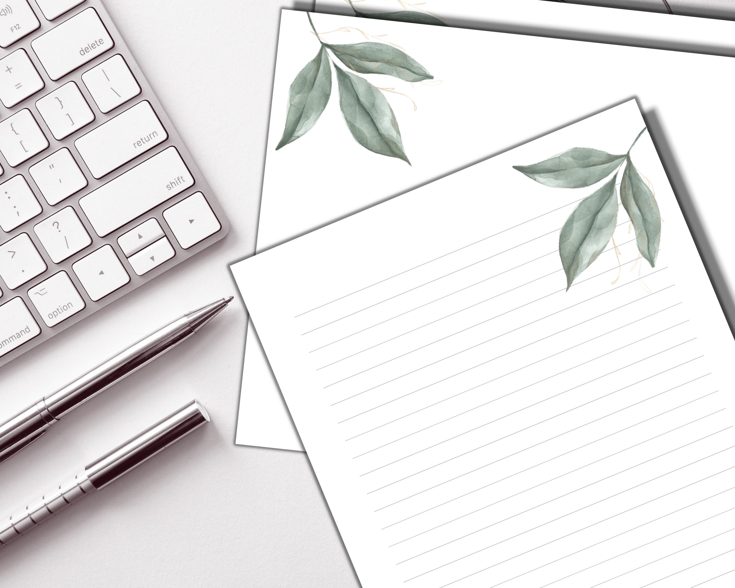 Printable Letter Writing Paper Set, Stationery, Green & Gold Leaves, A4 ...