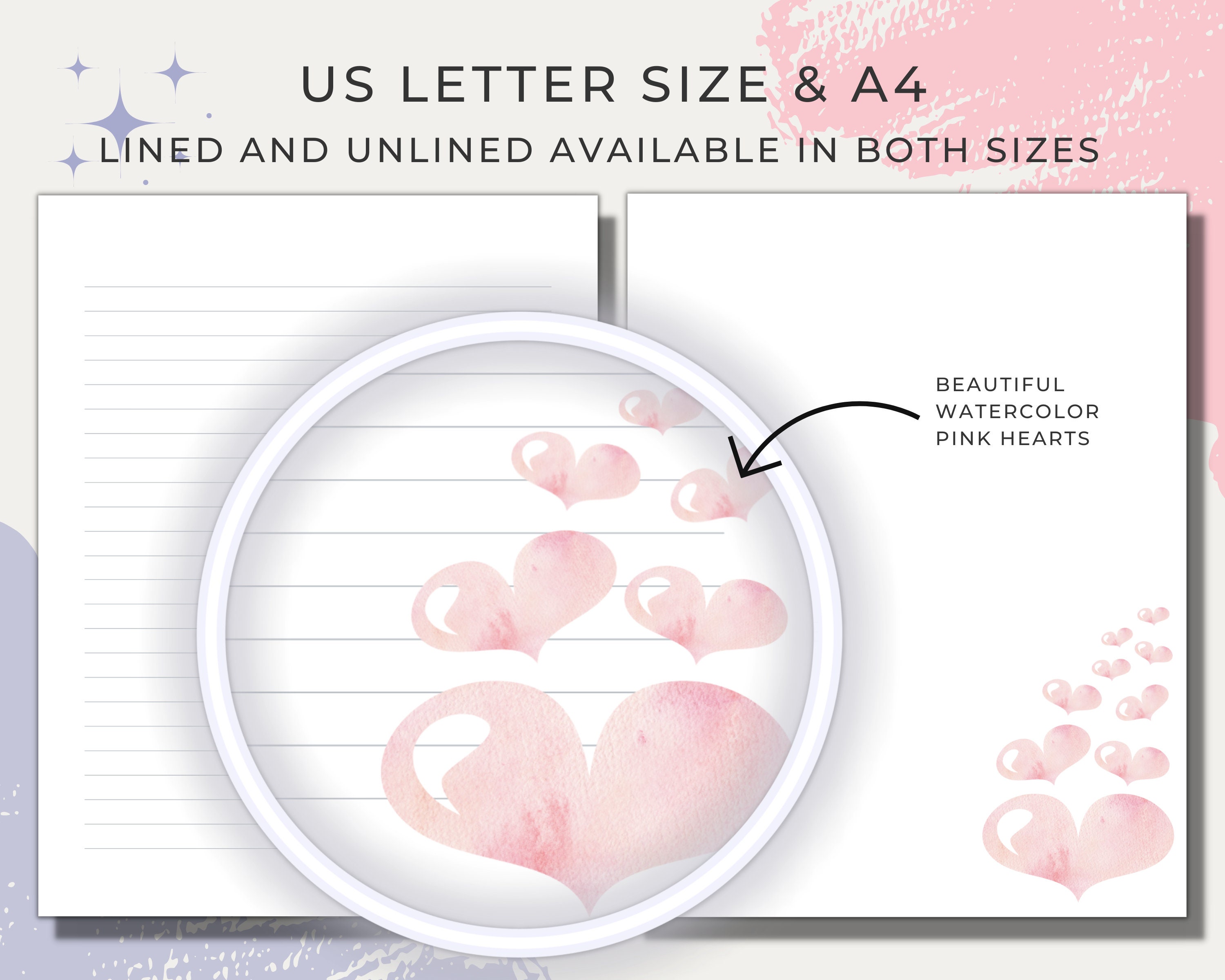 Printable Letter Writing Stationery Set, Paper, Pink Watercolor Heart ...