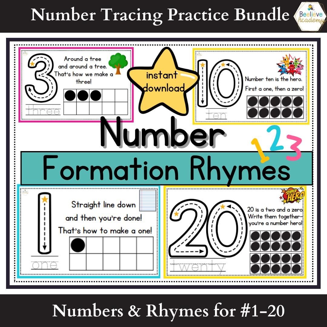 Numbers Rhyme Poem| Number Tracing Bundle 1-20 Printable | Handwriting Writing Practice Sheets ...