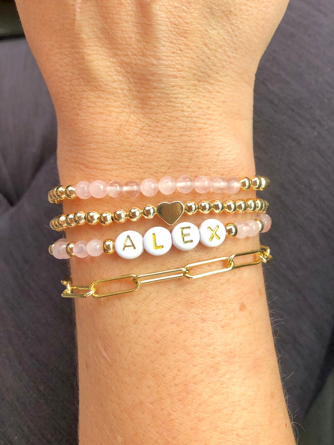 Custom Name Beaded Bracelets, Personalized Word Layering Set, Gold ...