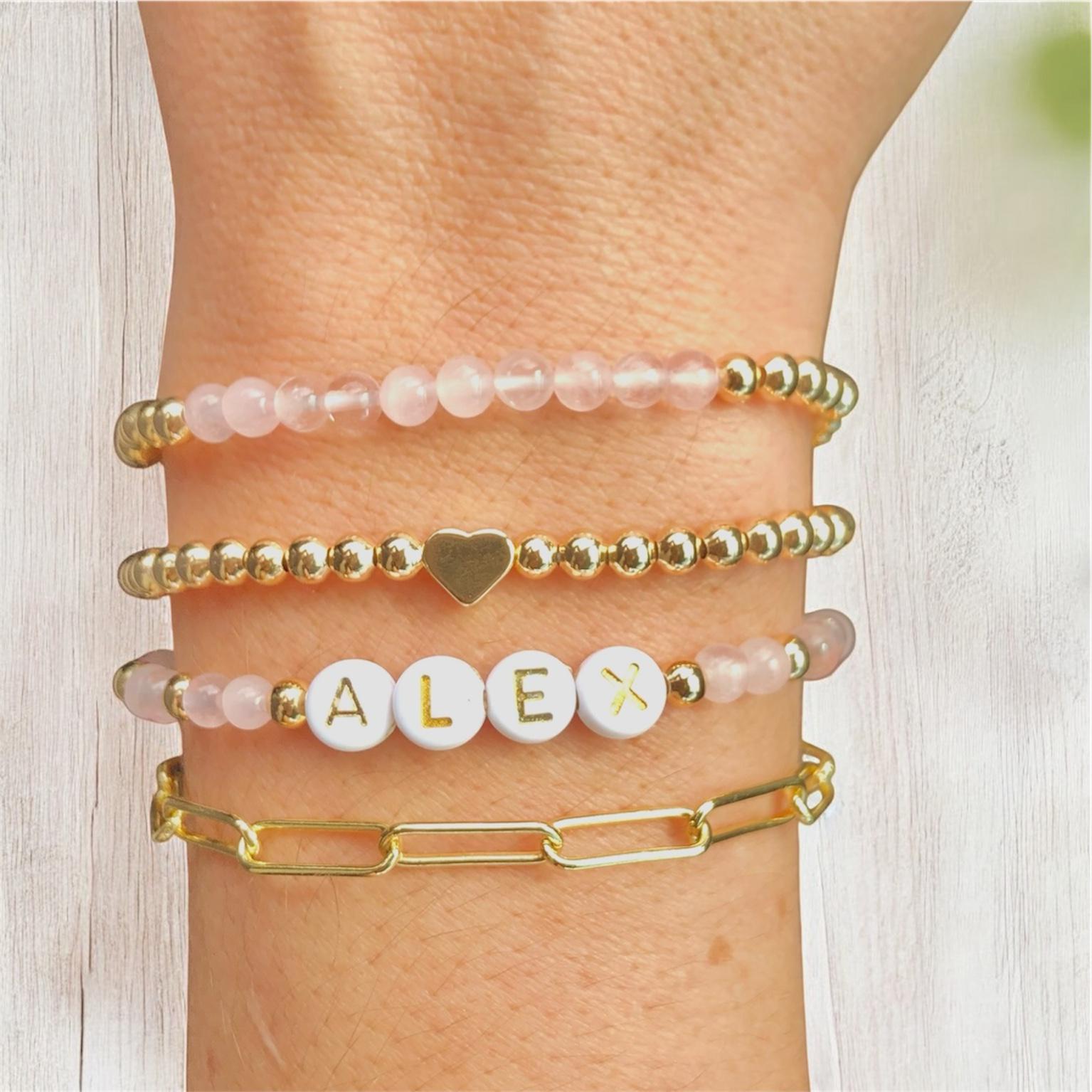 Custom Name Beaded Bracelets, Personalized Word Layering Set, Gold ...