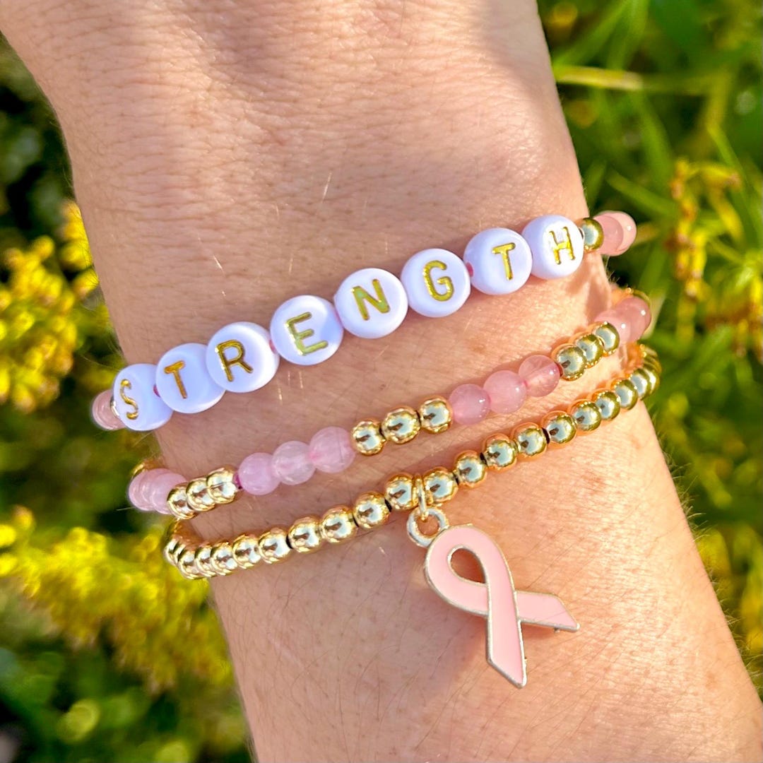 Breast Cancer Awareness Custom Beaded Bracelet Stack, Pink Ribbon ...