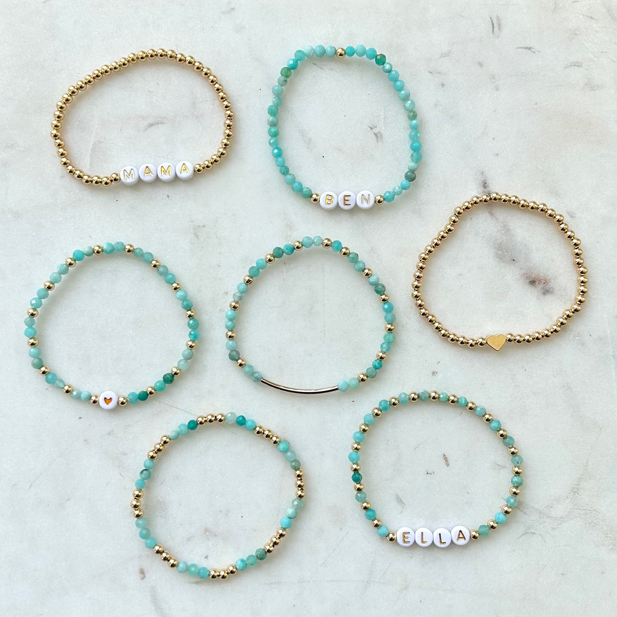 Turquoise Custom Beaded Name Bracelet, Personalized Word Bracelet Stack ...