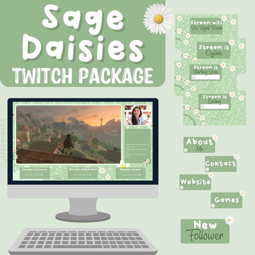 Sage Daisies Twitch Streaming Package, Aesthetic Green, Cute Twitch ...