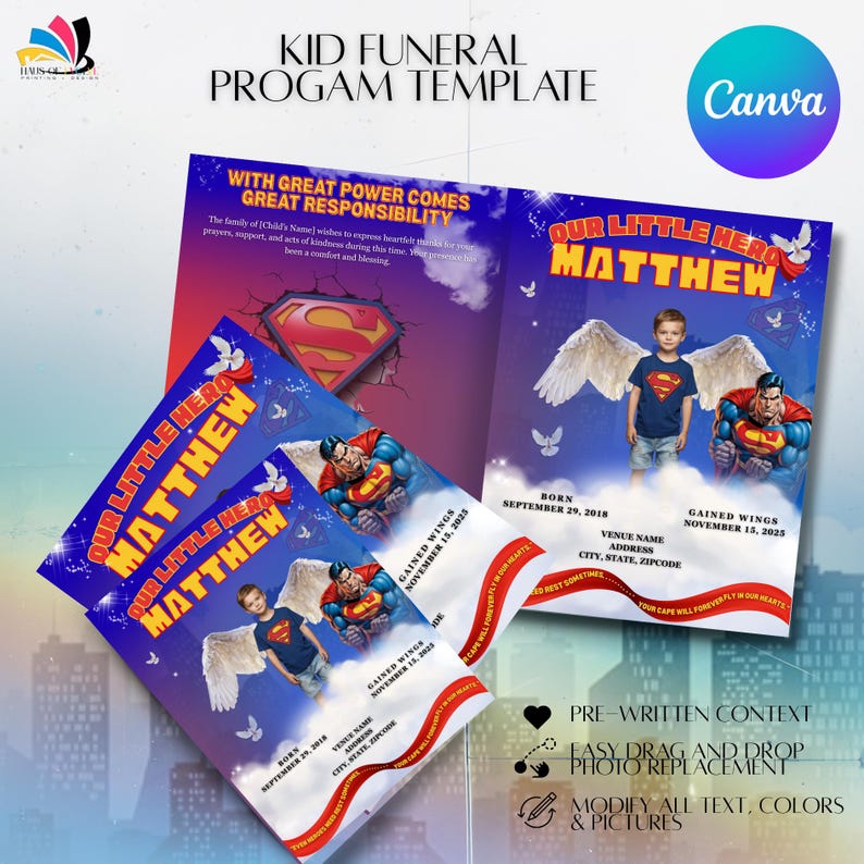 Kid Superhero Funeral Program Template | 4-page | Canva Editable ...