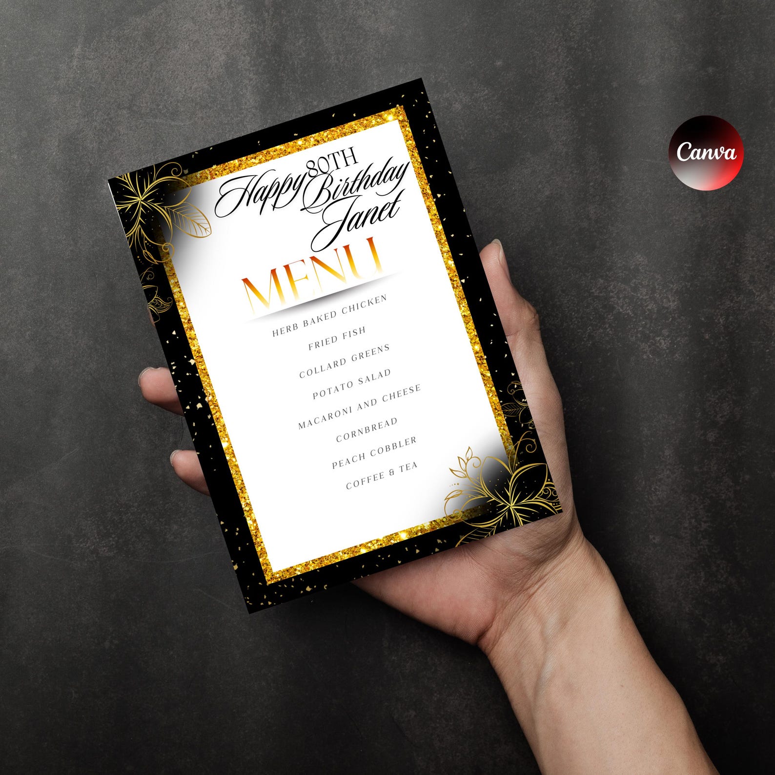 Editable Dinner Party Menu Template, Gold & Black Theme, Printable Menu ...