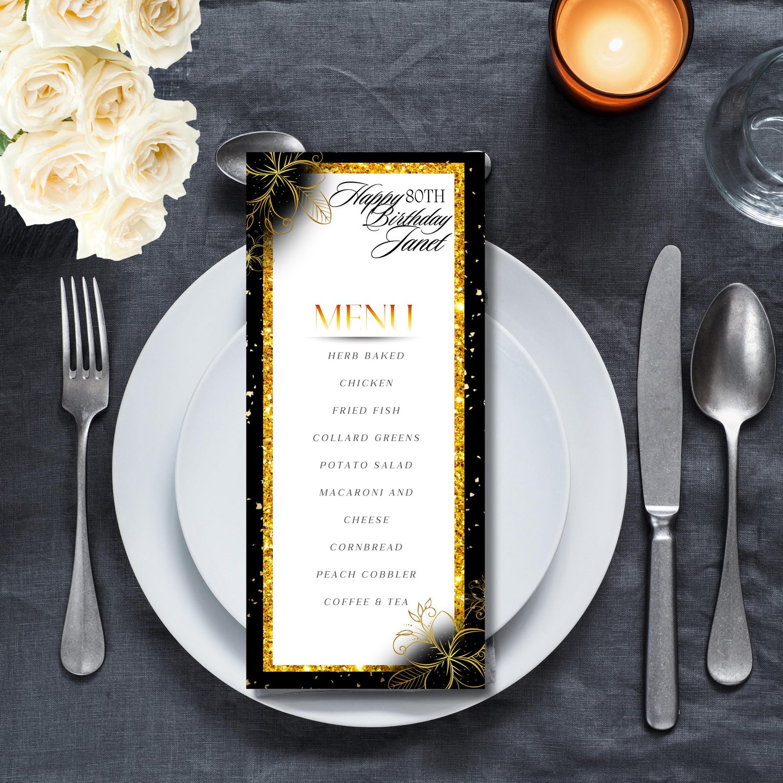 Editable Dinner Party Menu Template, Gold & Black Theme, Printable Menu ...