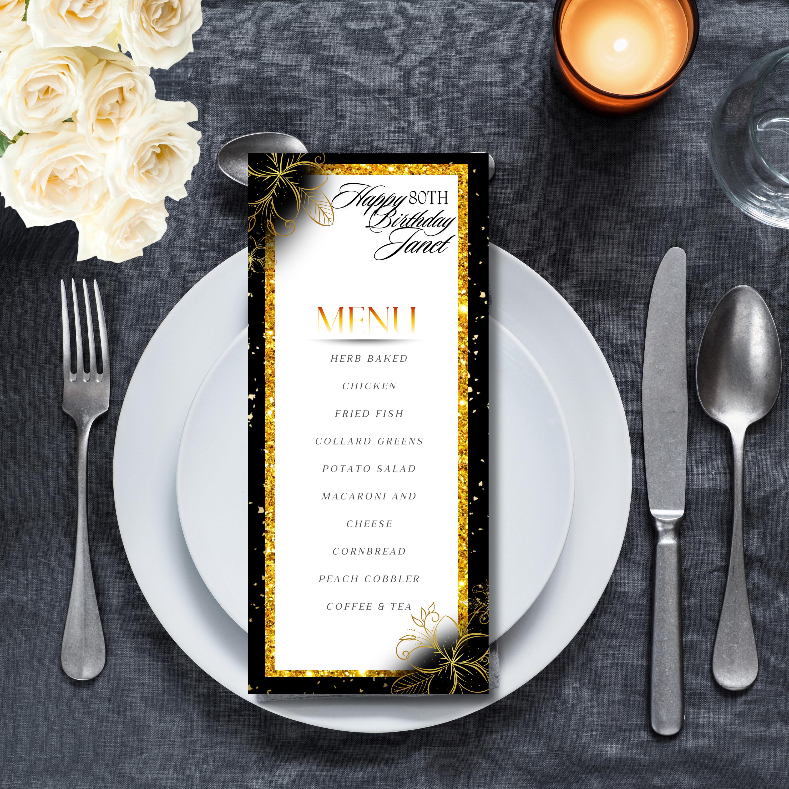 Editable Dinner Party Menu Template, Gold & Black Theme, Printable Menu ...