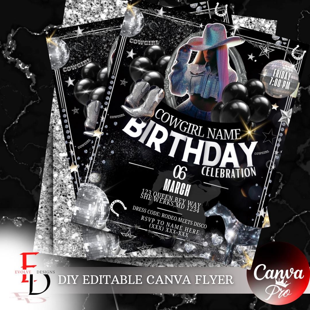 Disco Cowgirl Birthday Flyer | Beyonce-inspired Cowboy Carter Theme ...