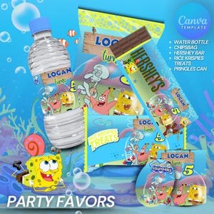 Cartoon Sea Sponge Party Favors: Treat Bag, Juice Label, Tags (canva ...