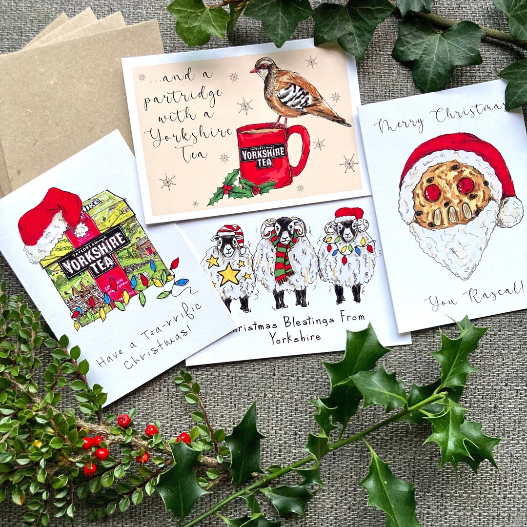 YORKSHIRE CHRISTMAS CARDS Hand Drawn Illustrations A6 postcard Size ...