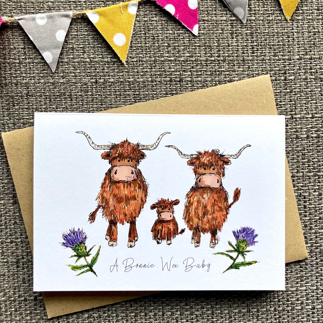 SCOTTISH NEW BABY Card Highland Cow New Baby Congratulations Card A6 ...