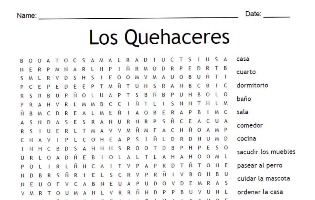 Los Quehaceres Word Search Puzzle - Etsy