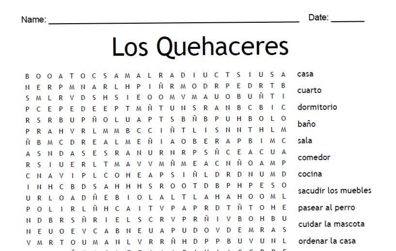 Los Quehaceres Word Search Puzzle - Etsy