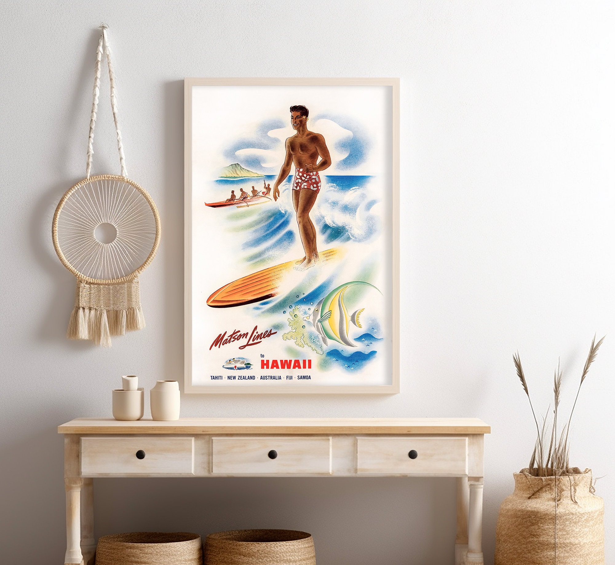 Hawaii Vintage Travel Poster: Matson Lines Surfer Art Print - Etsy