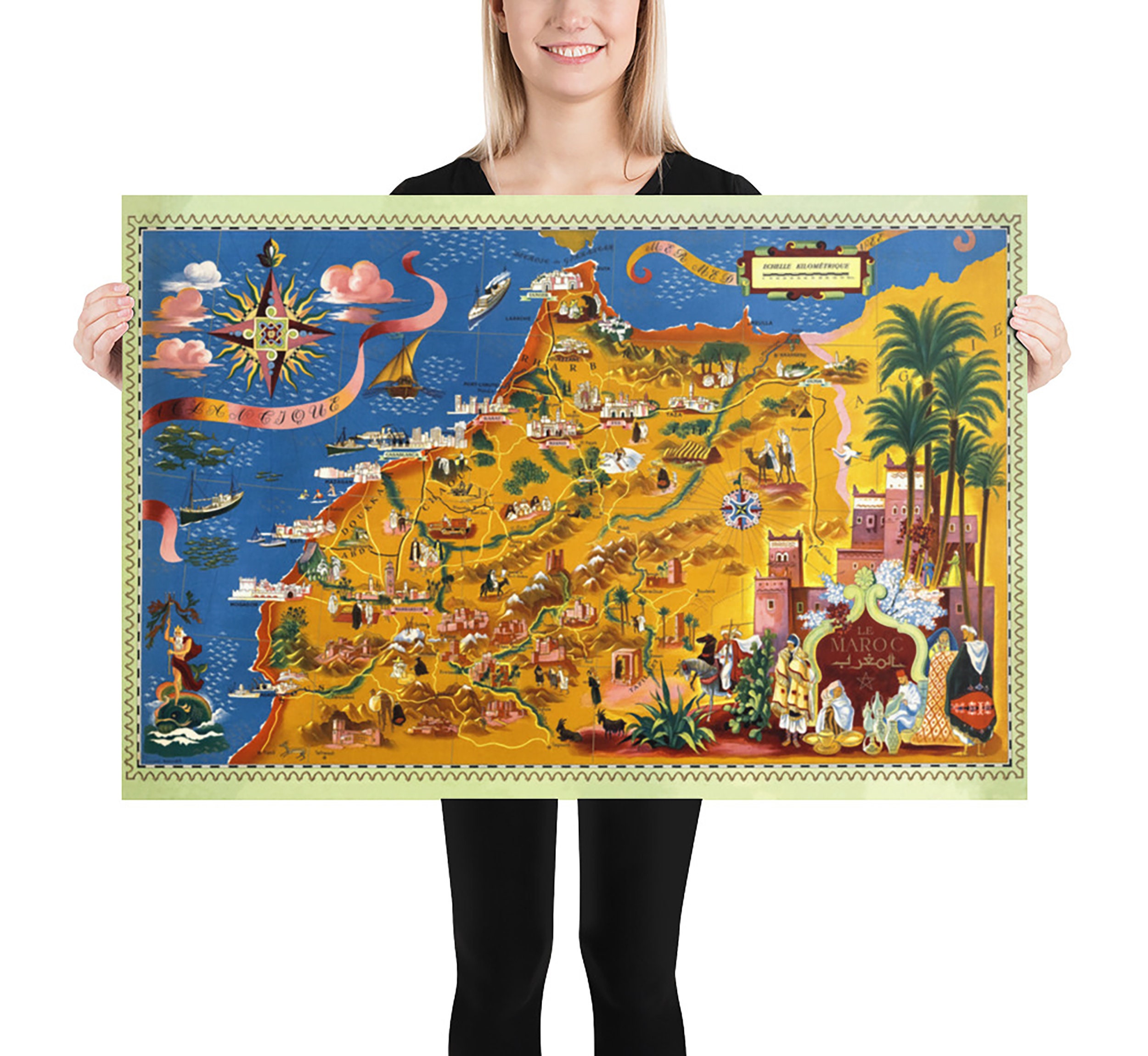 Map of Morocco Vintage Poster, Extra Large Wall Art, Morocco Travel ...