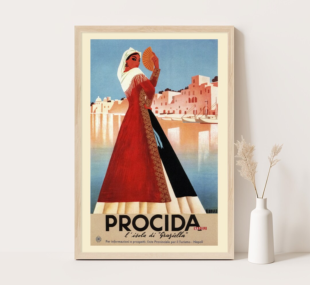 Procida Poster by Mario Puppo, 1950s Italy Print, L'isola Di Graziella ...