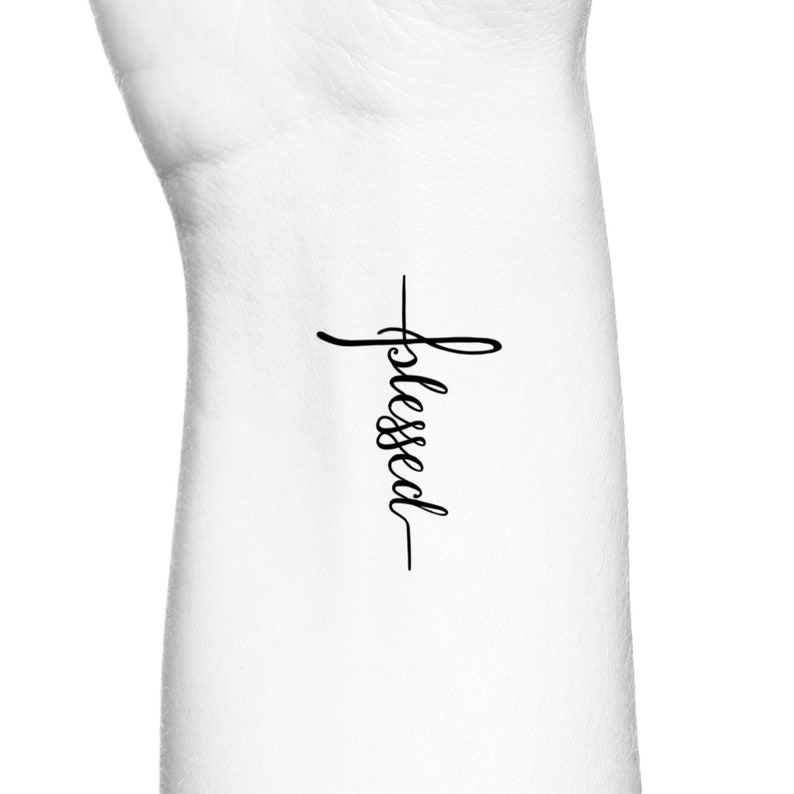 Blessed Cross Temporary Tattoo / Feminine Cursive Word Cross - Etsy